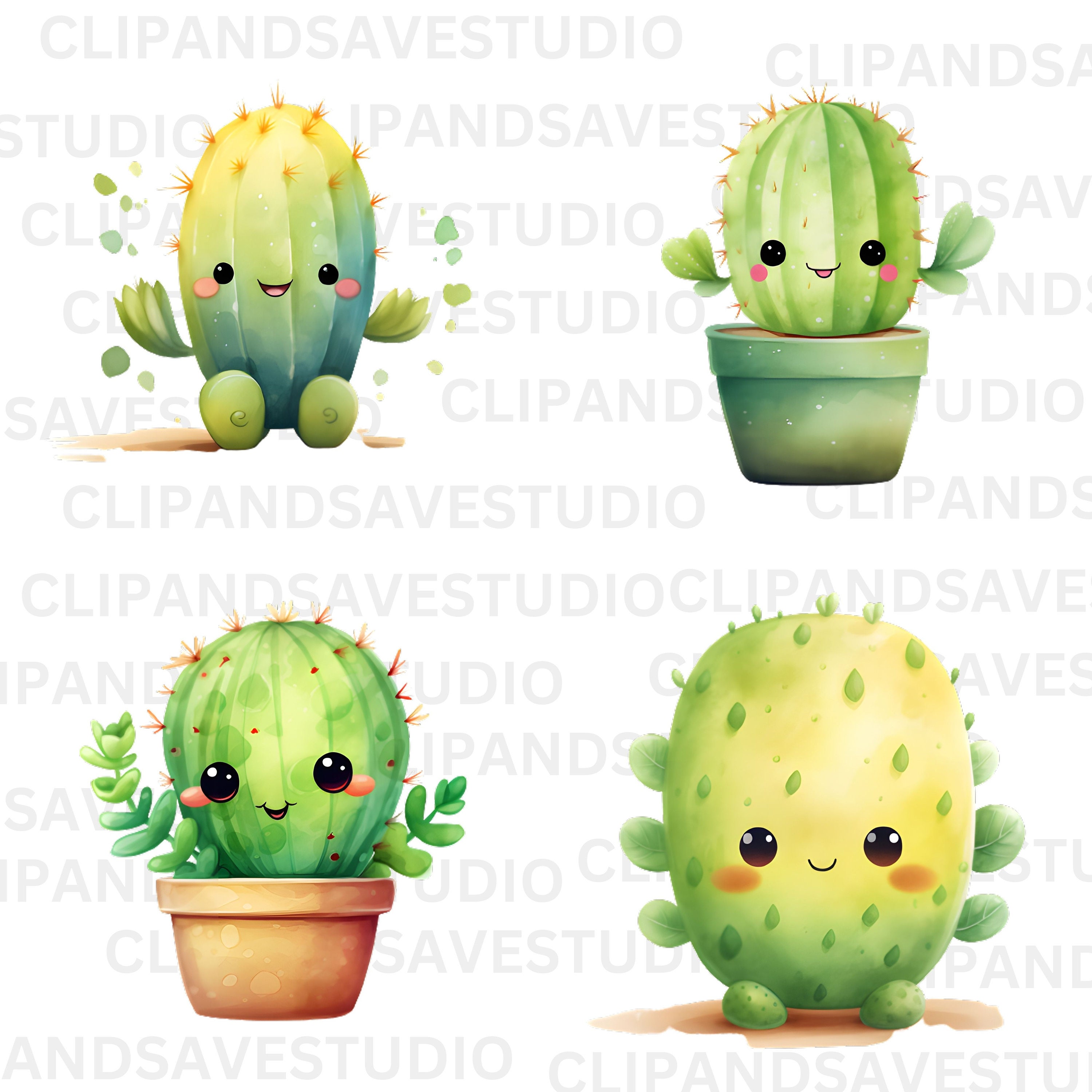 Watercolor Kawaii Cactus Clipart Summer Spring DIY Stationery ...