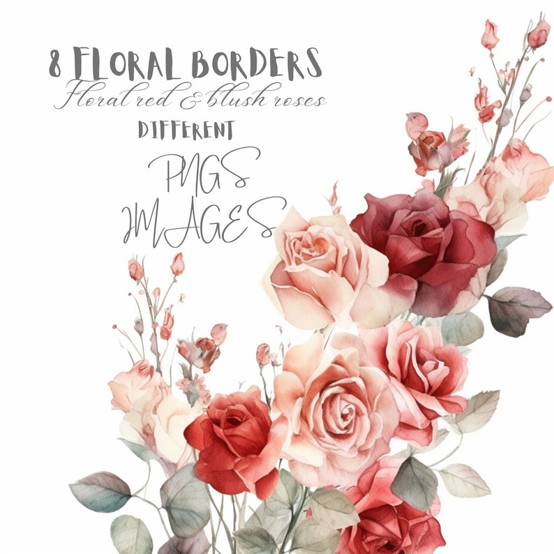 Watercolor Red and Blush Roses Borders Clipart Bundle for Wedding,red ...