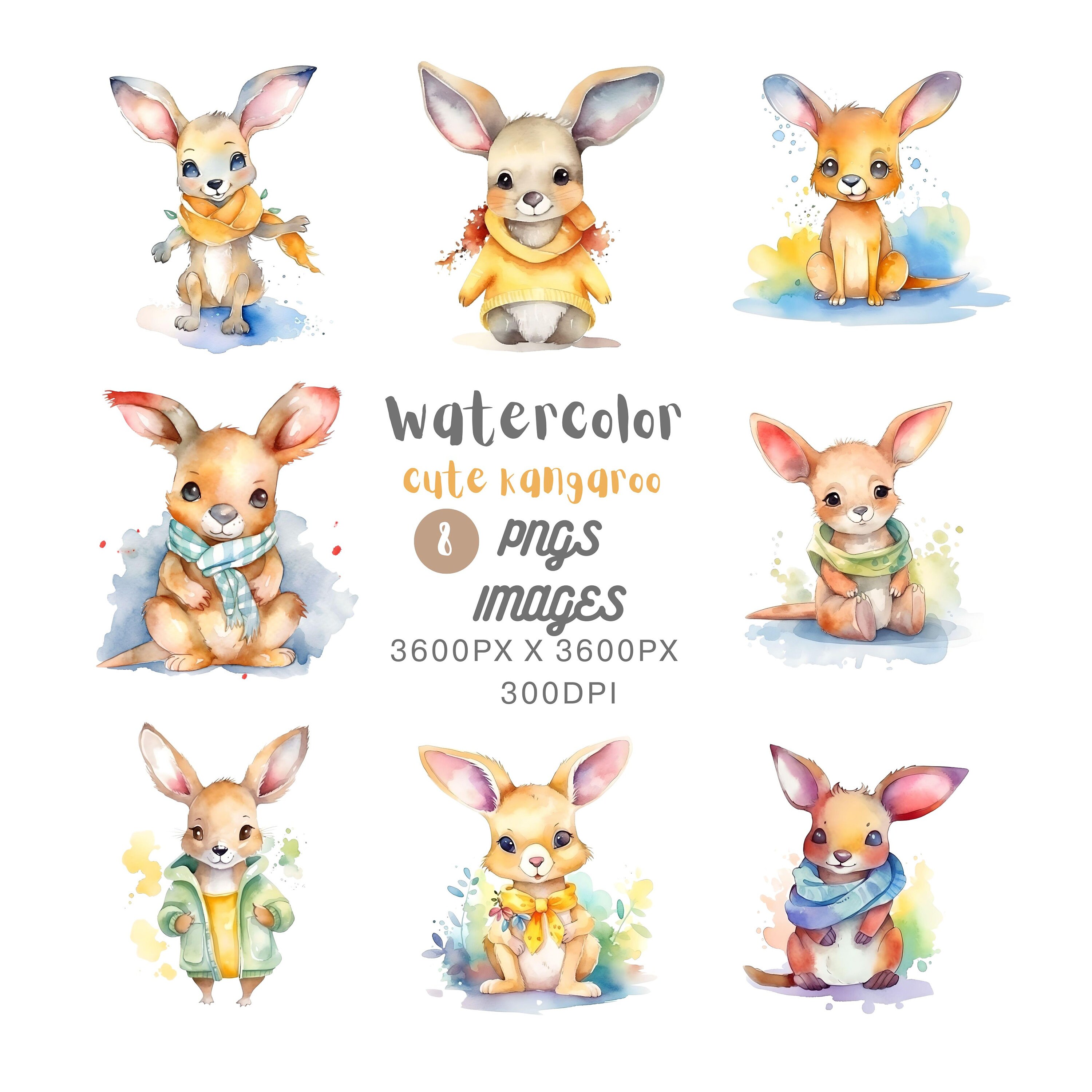 Watercolor Cute Kawaii Kangaroo Clipart Bundle Commercial - Etsy