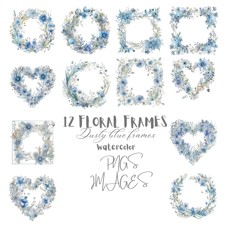 Watercolor Floral Dusty Blue Frames Clipart Bundle,commercial Use ...