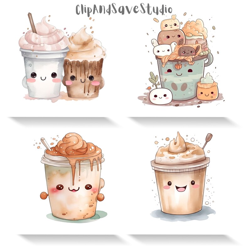 Watercolor Cute Kawaii Coffee Clipart Bundlecommercial - Etsy