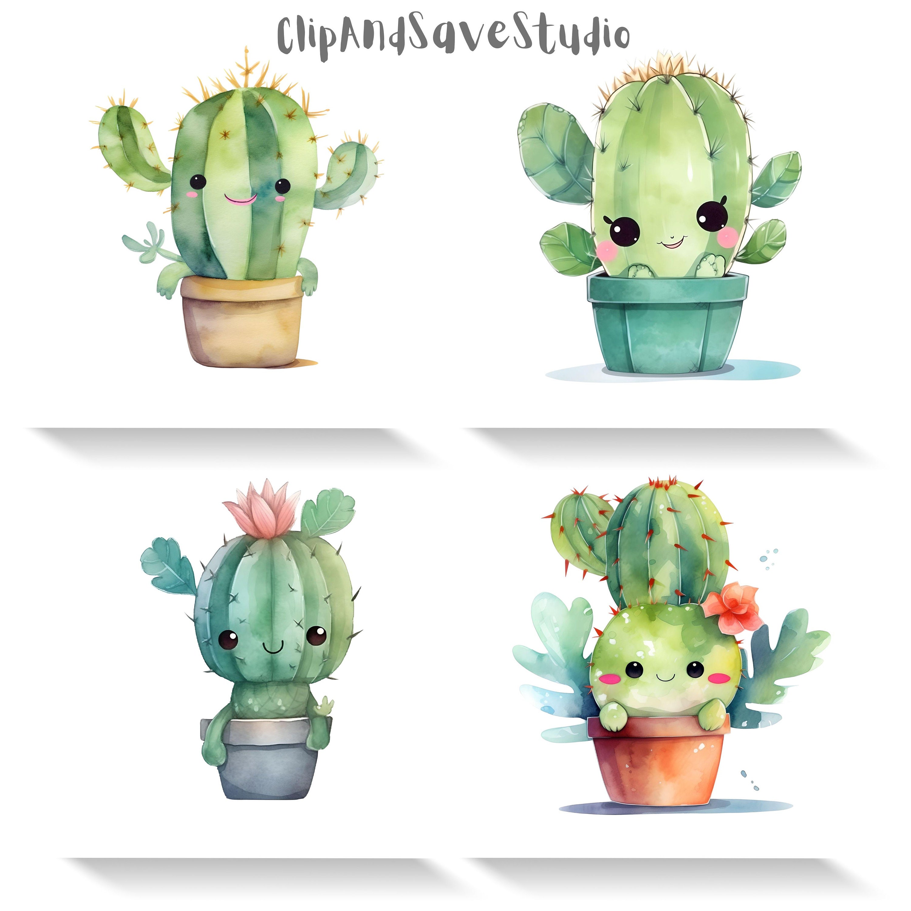 Watercolor Cute Kawaii Cactus Clipart Bundle Commercial Use PNG Files ...