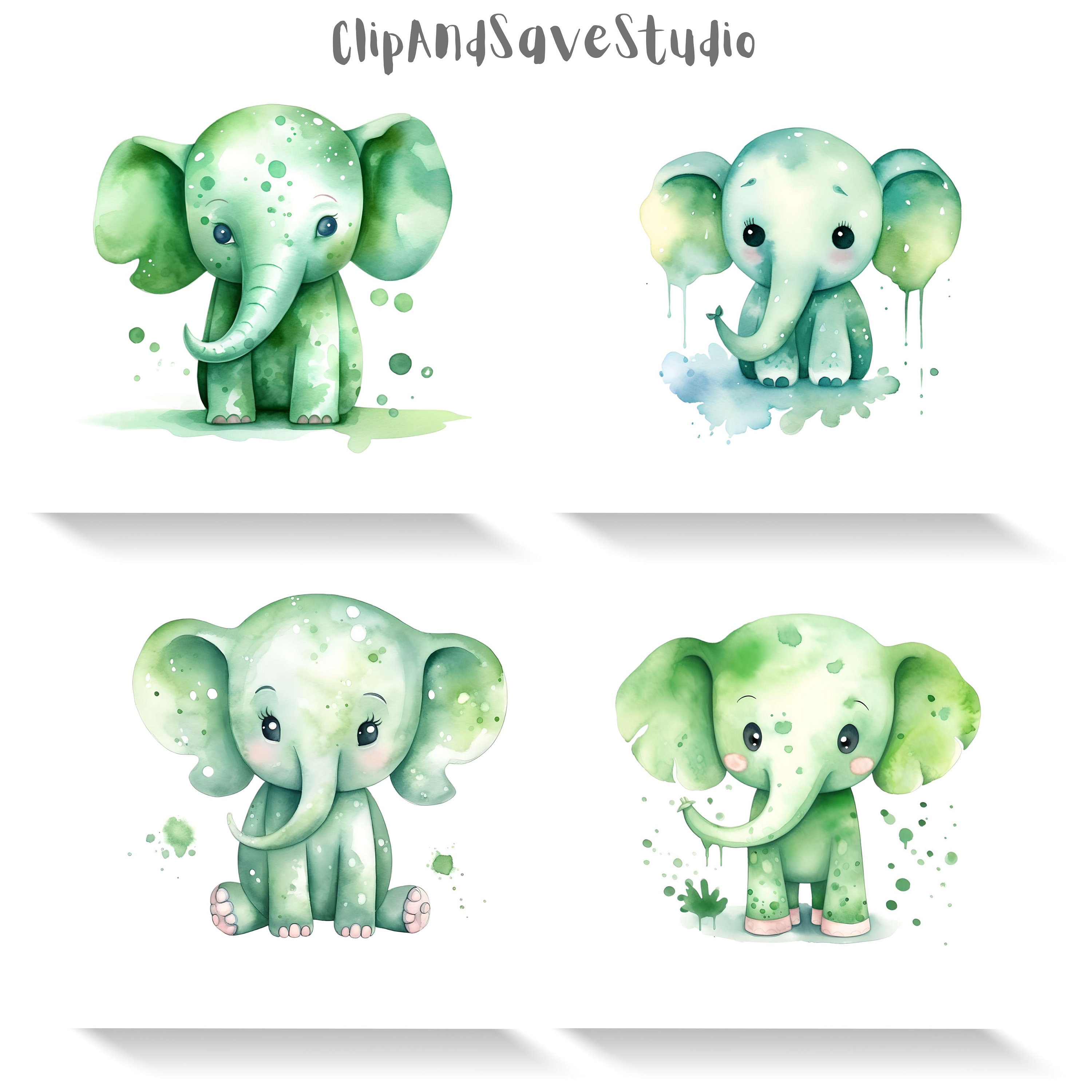 Watercolor Cute Green Elephant Clipart Bundle, Commercial Use,png Files ...