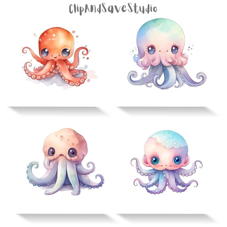 Watercolor Cute Kawaii Octopus Clipart Bundle Commercial Use - Etsy