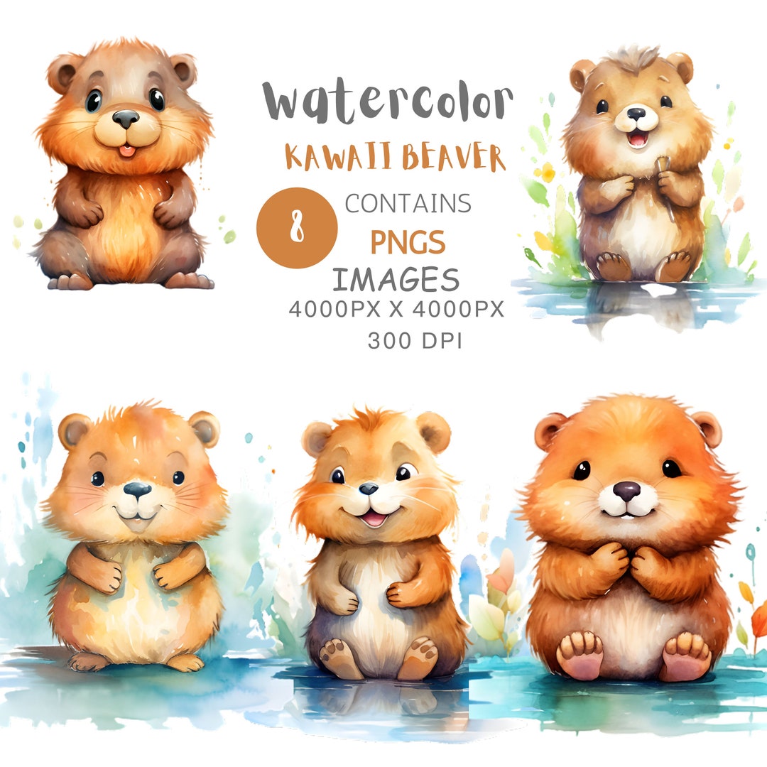Watercolor Kawaii Beaver Clipart Bundle Whimsical Digital Images for ...