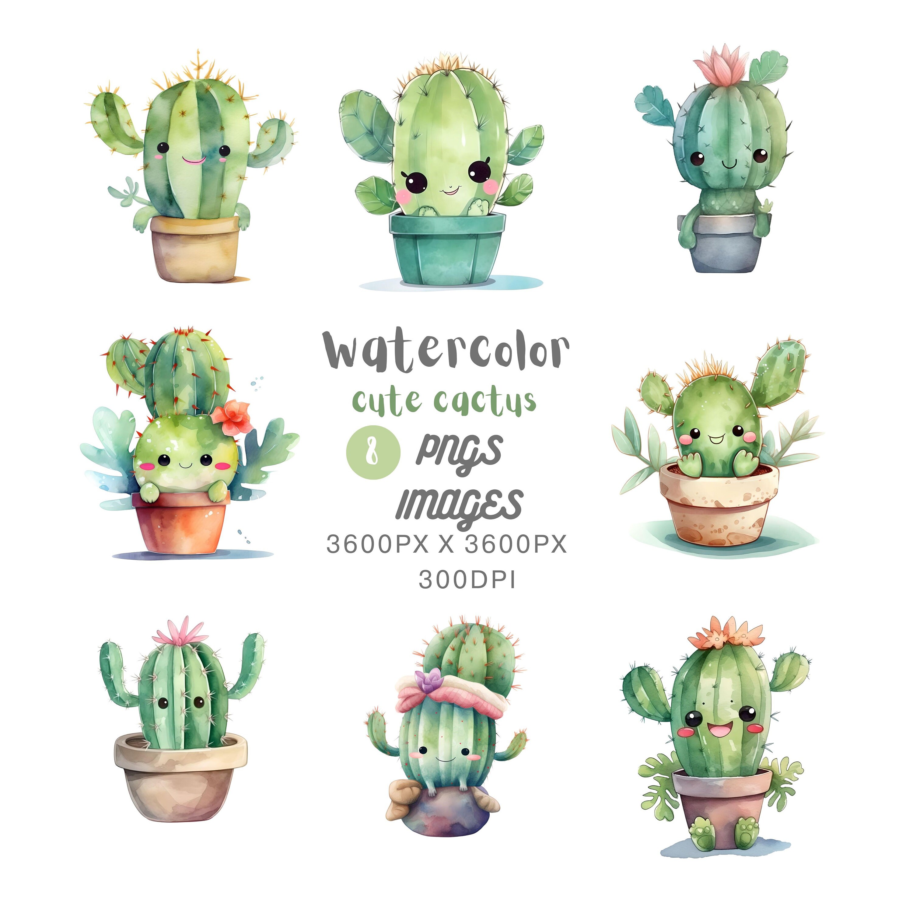 Watercolor Cute Kawaii Cactus Clipart Bundle Commercial Use PNG Files ...