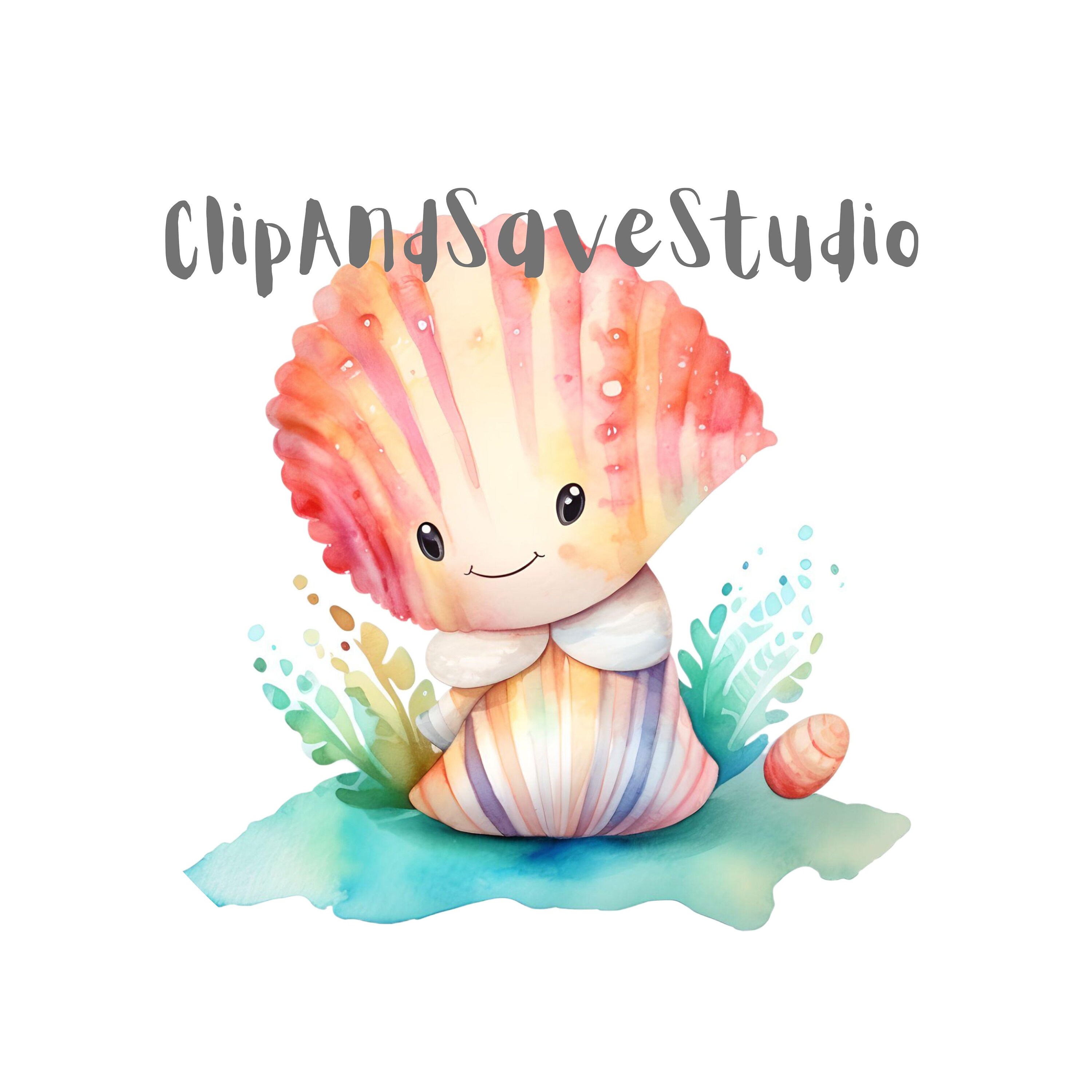 Watercolor Cute Kawaii Summer Seashell Clipart Bundle, Commercial Use ...