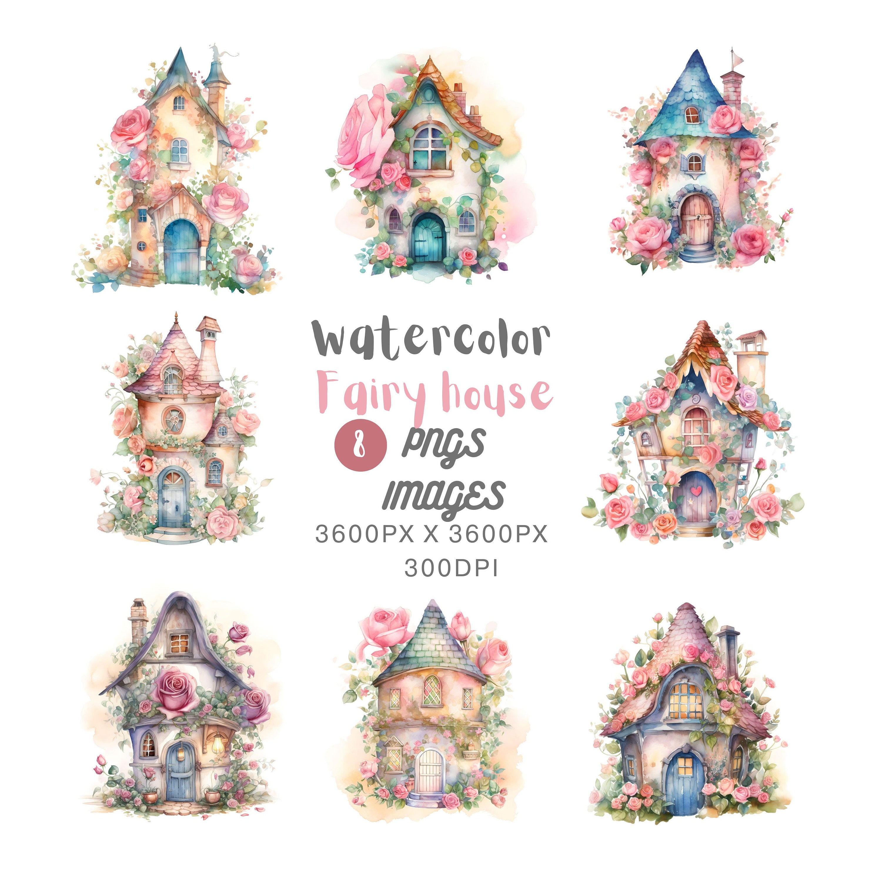Watercolor Floral Fairy House Clipart Bundle ,commercial Use,png Files ...