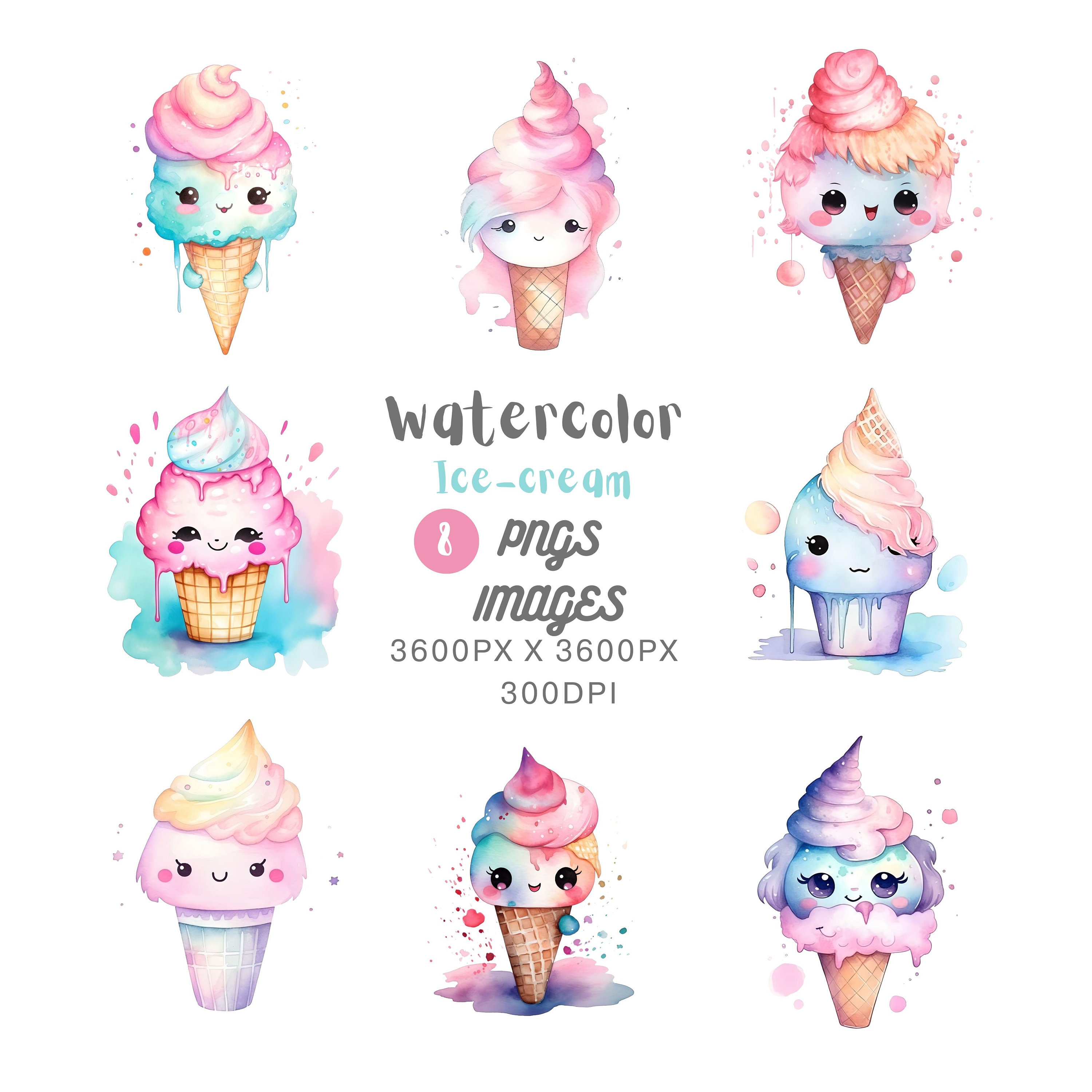 Watercolor Cute Kawaii Ice-cream Clipart Bundle Commercial - Etsy