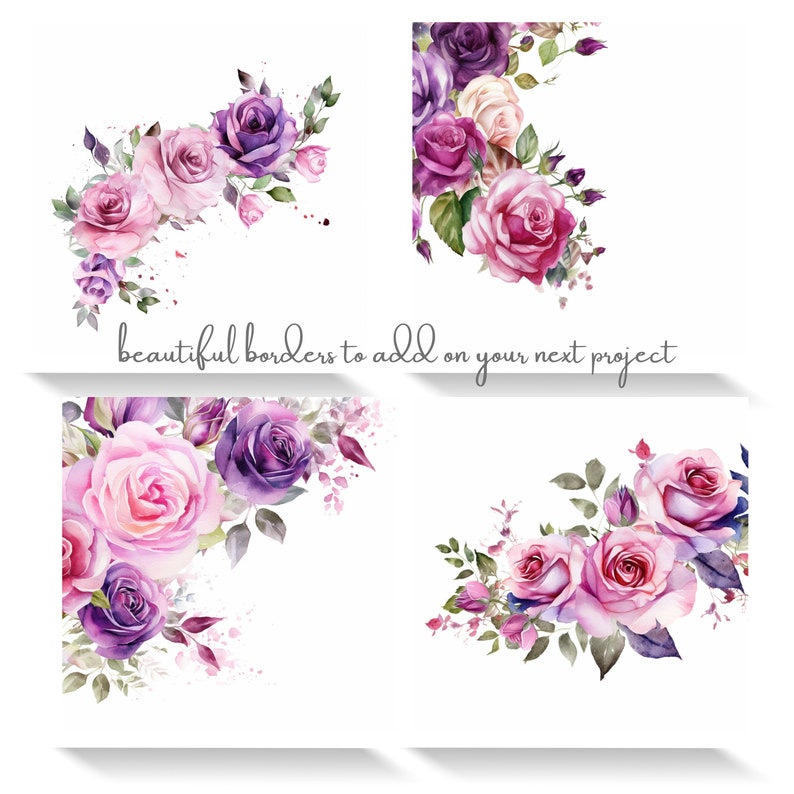 Watercolor Floral Clipart Bundle Purple Pink Roses - Etsy