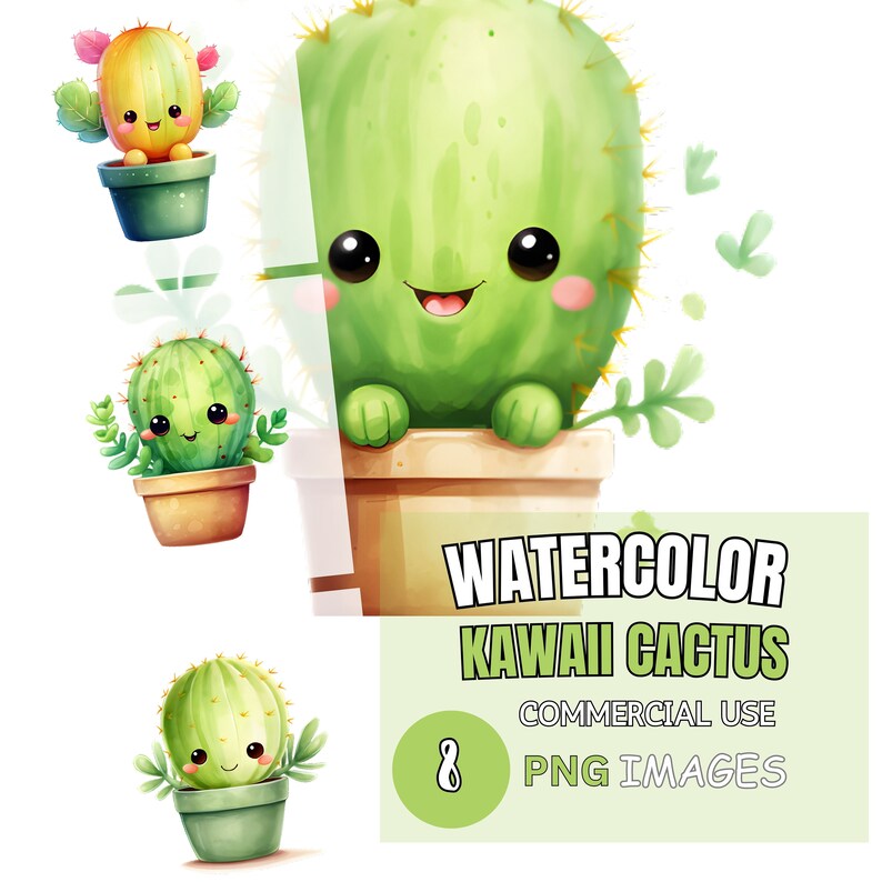Watercolor Kawaii Cactus Clipart Summer Spring DIY Stationery ...