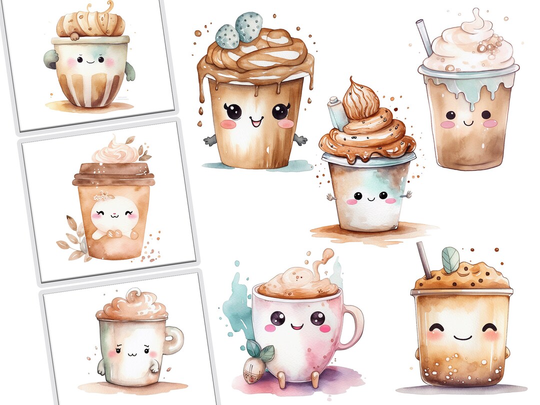 Watercolor Kawaii Coffee Clipart Bundle for (Instant Download) - Etsy