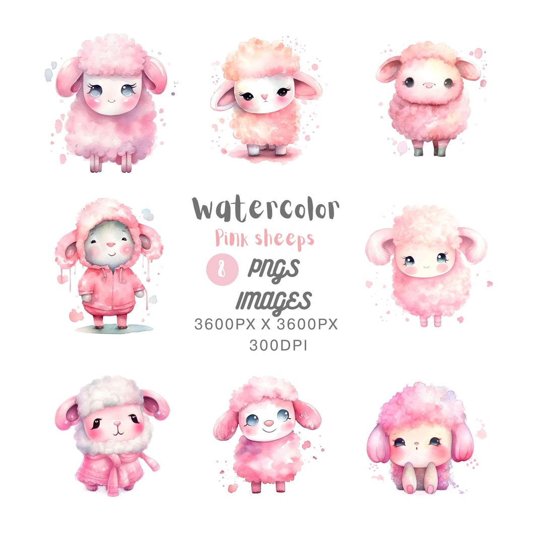 Watercolor Commercial Use Clipart Cute Pink Sheep Clip Art Set,pink ...