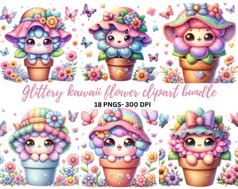 Spring Pastel Watercolor Clipart Bundle Glittery Kawaii Succulent ...