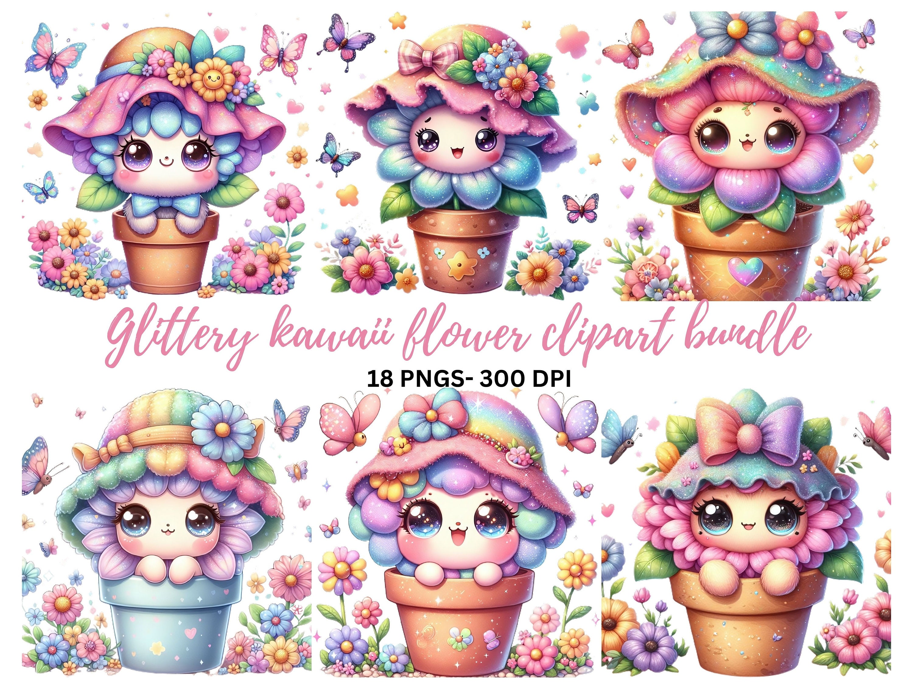 Spring Pastel Watercolor Clipart Bundle Glittery Kawaii Flowers Cute ...