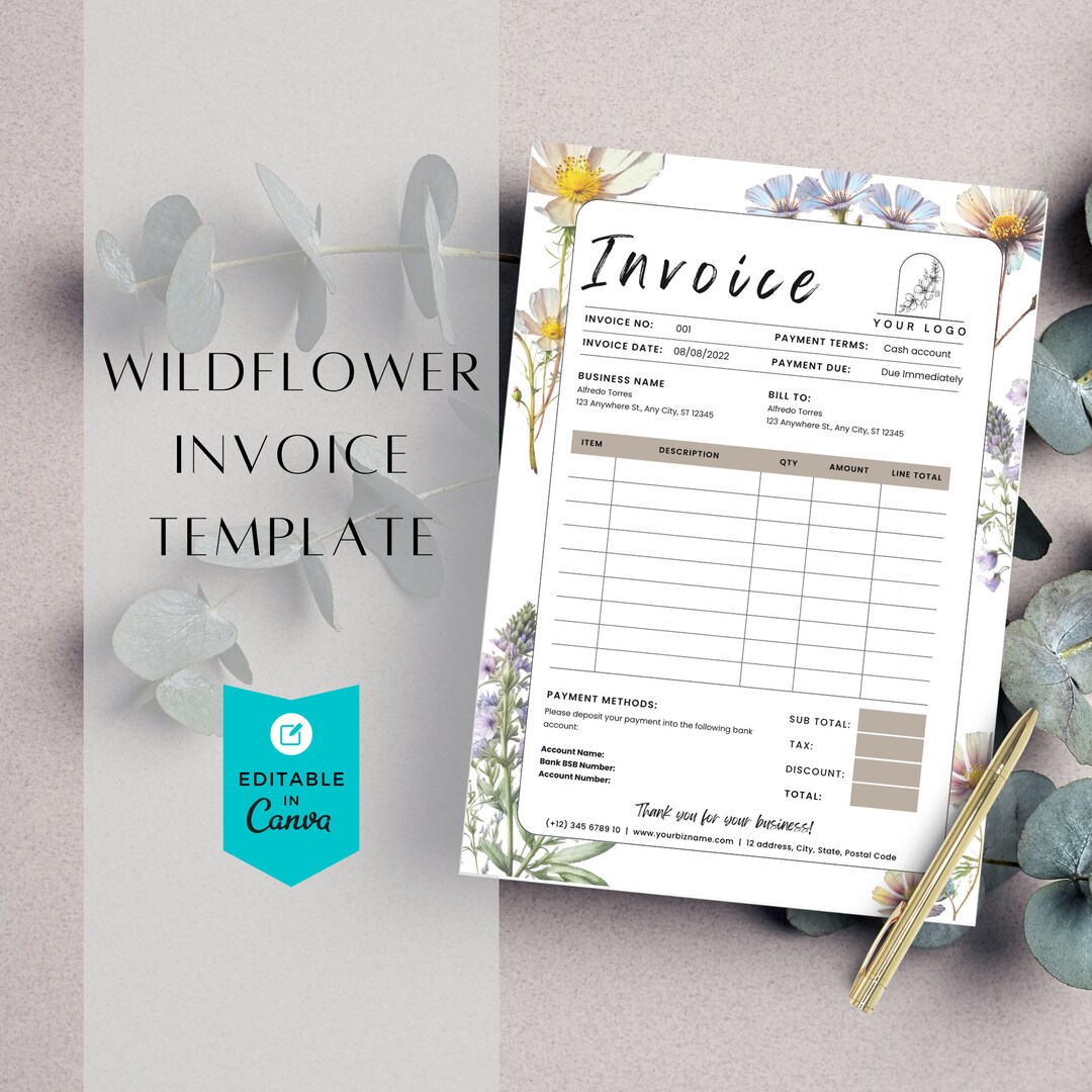 Invoice Template Wildflower, INSTANT DOWNLOAD, Editable Invoice, Small ...