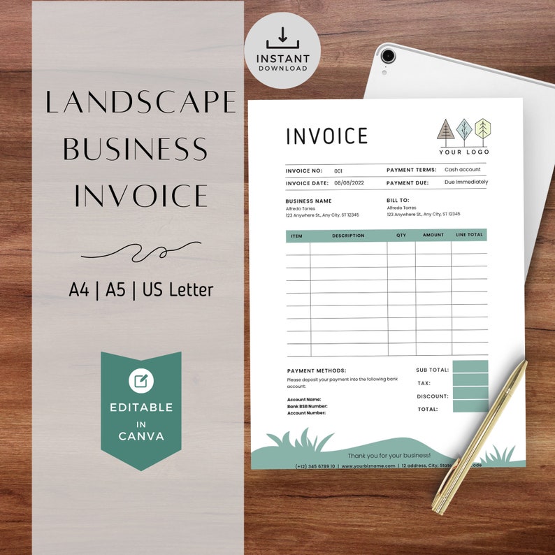 Printable Landscaping Invoice Template INSTANT DOWNLOAD - Etsy