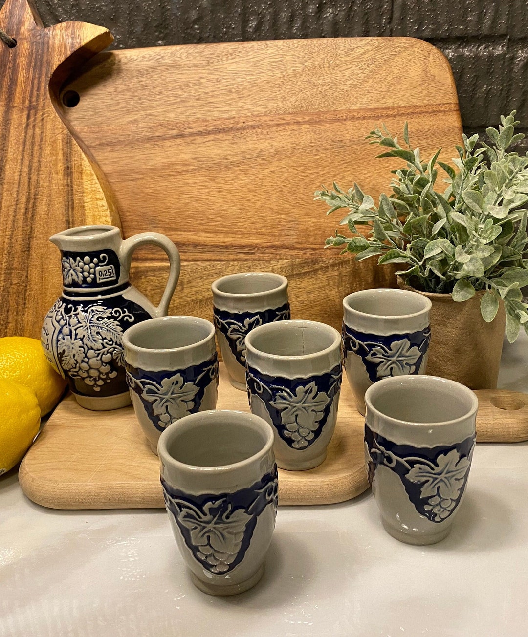 Gerz Vintage Salt Glaze Wine Pitcher and Six Cup Set Made in West ...