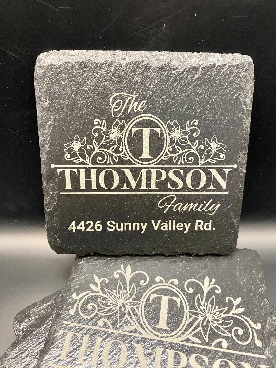 Personalized Engraved 4" Split Family Monogram Slate Rock Coasters - Etsy