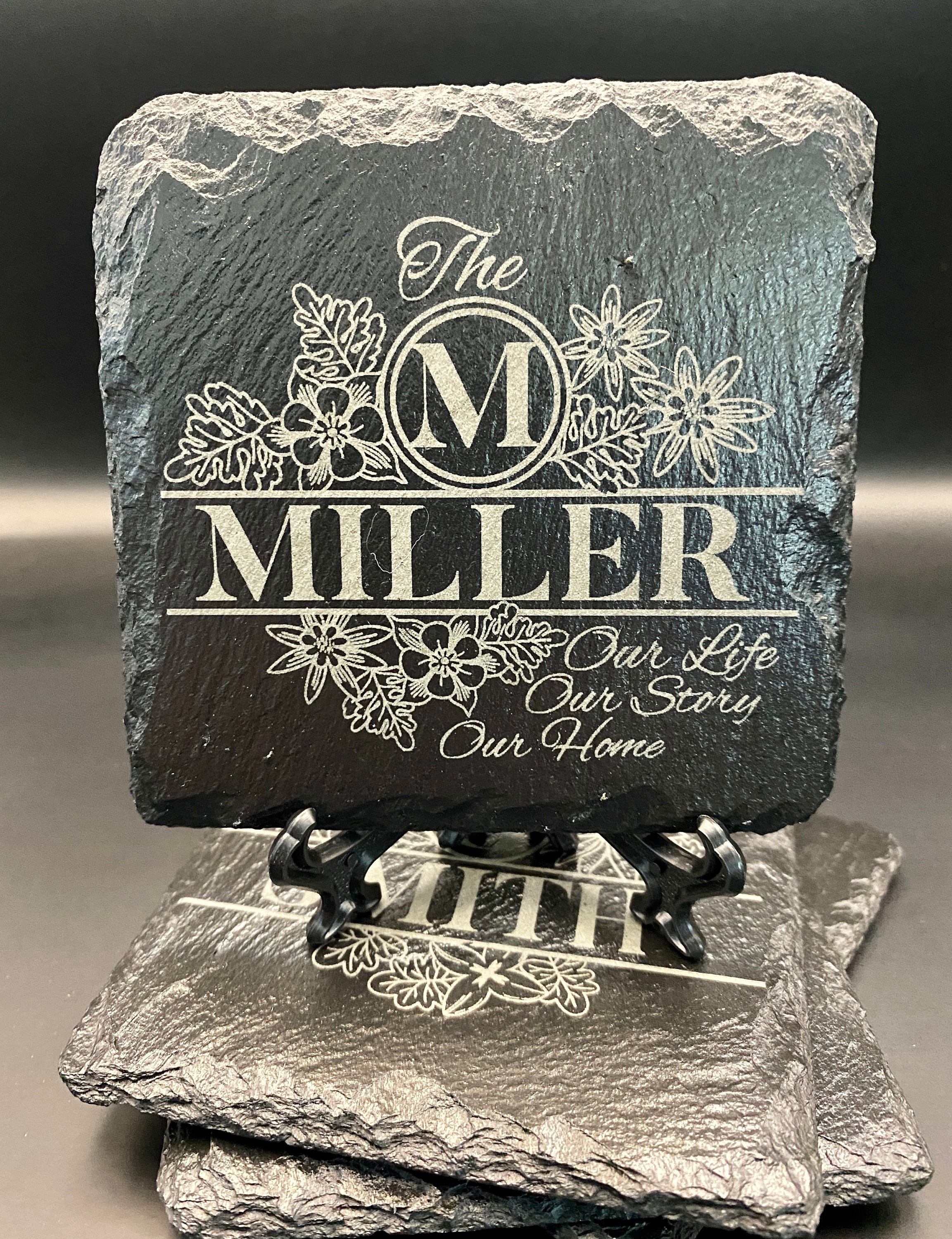 Personalized Engraved 4 Split Family Monogram Slate Rock Coasters - Etsy