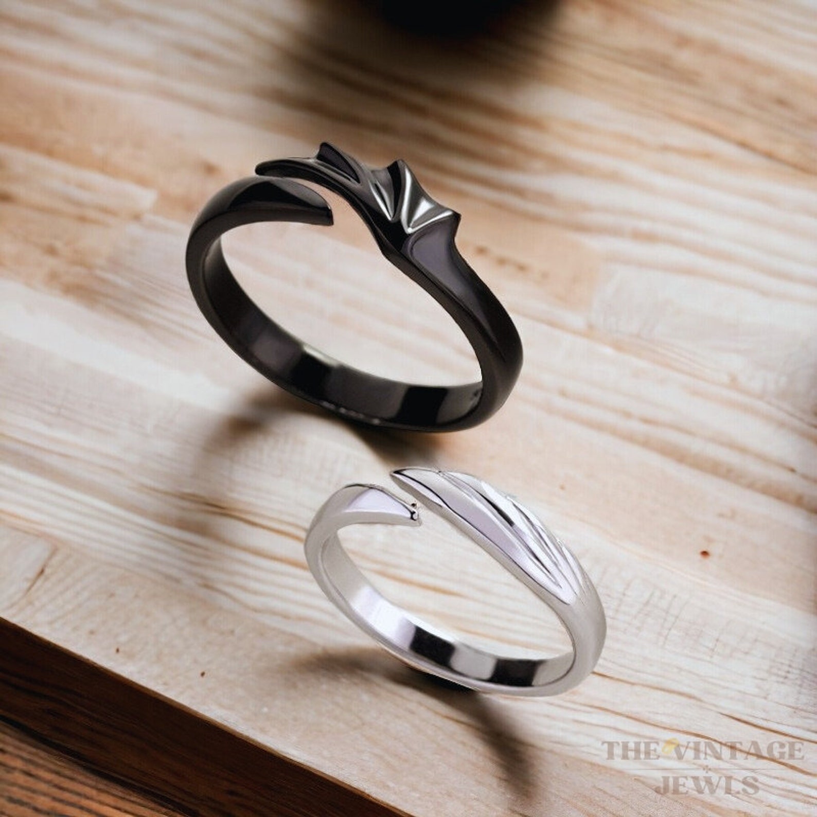 Adjustable Angel Couple Rings, Black & Silver Rings, Sterling Silver ...