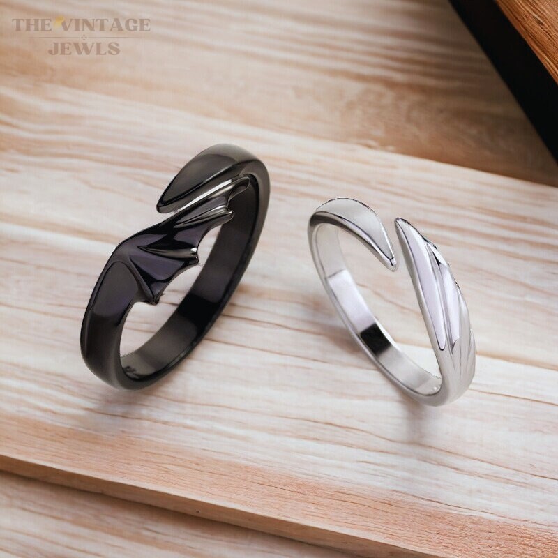 Adjustable Angel Couple Rings, Black & Silver Rings, Sterling Silver ...