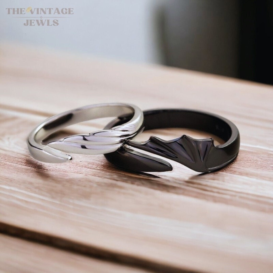 Adjustable Angel Couple Rings, Black & Silver Rings, Sterling Silver ...