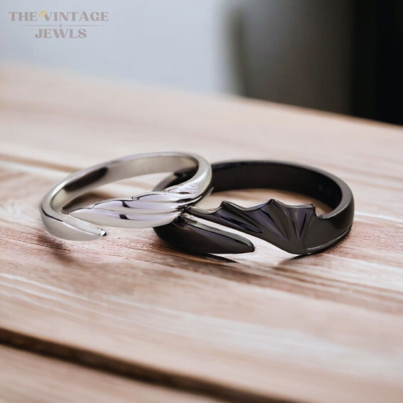 Adjustable Angel Couple Rings, Black & Silver Rings, Sterling Silver ...