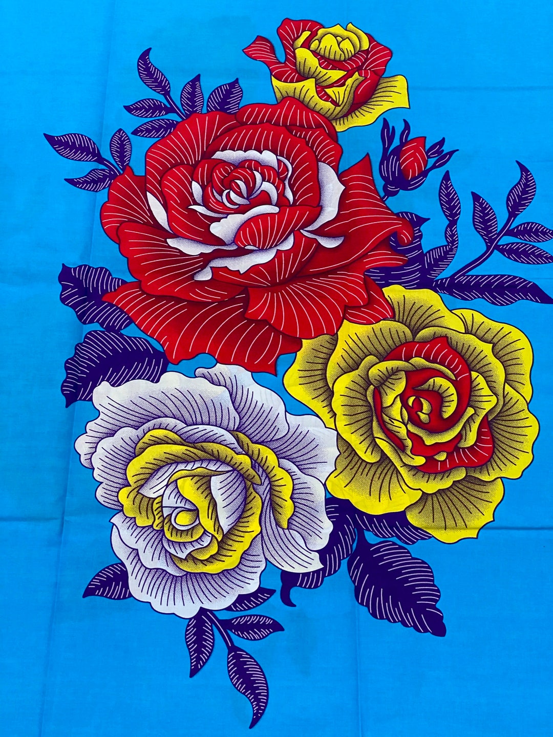 Blue African Fabric Floral Bloom Print 100% Cotton Sold by the Panel 31 ...