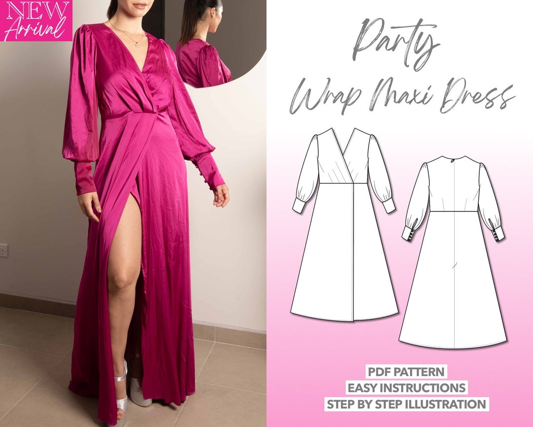 Dress Sewing Pattern Lantern Sleeve Wrap Maxi Dress Pattern Women ...