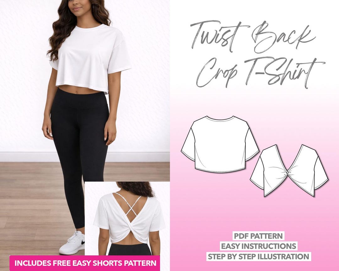 Twist Back Crop Top Sewing Pattern: Women's Workout Tee (PDF Pattern ...