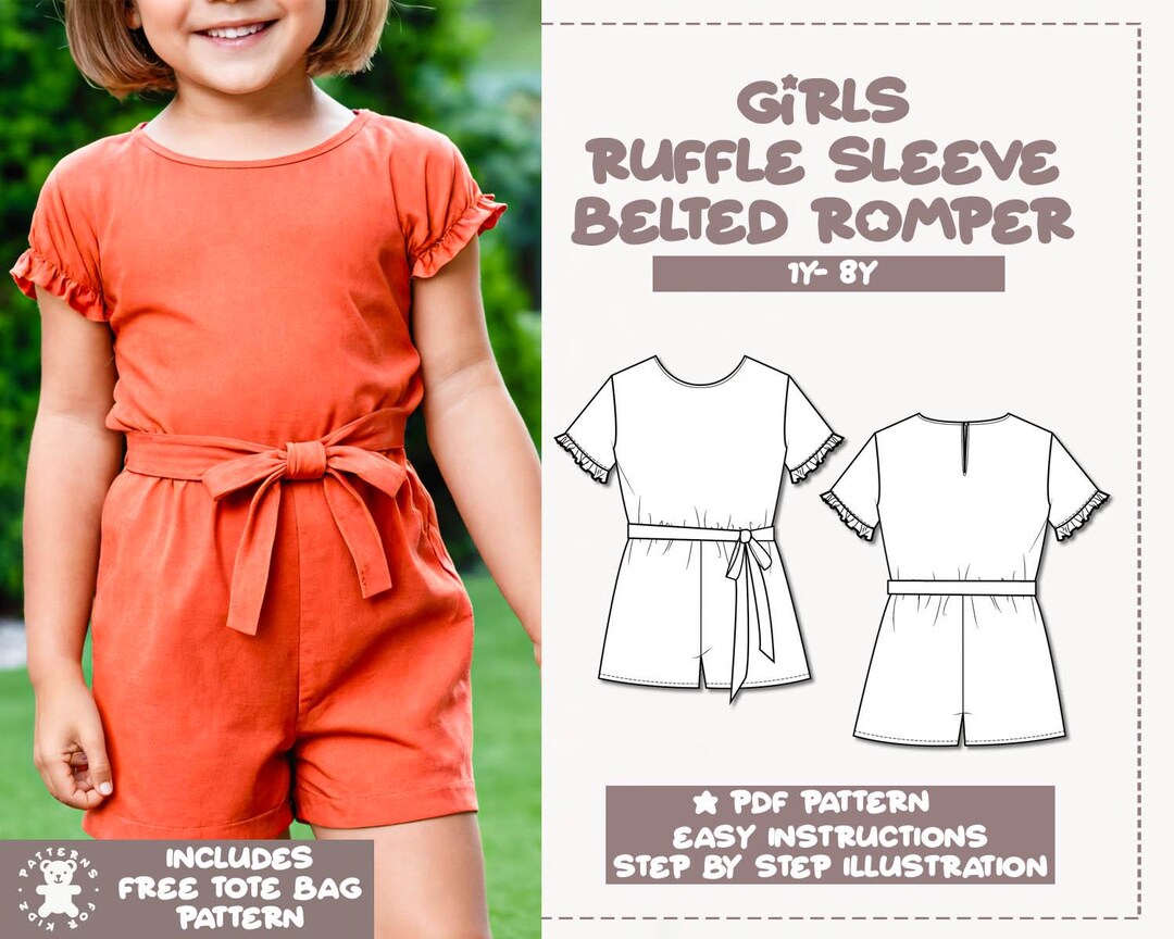 Girls Romper Sewing Pattern Ruffle Sleeve Jumpsuit Pattern 1Y-8Y Belted ...