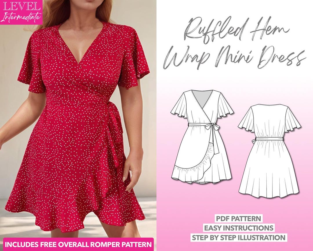Ruffle Hem Faux Wrap Mini Dress Sewing Pattern (PDF Download XS-XXXL ...