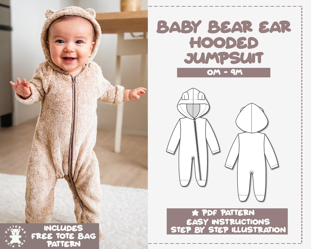 Baby Bear Hooded Jumpsuit Sewing Pattern (0-9M) (PDF Pattern) - Etsy