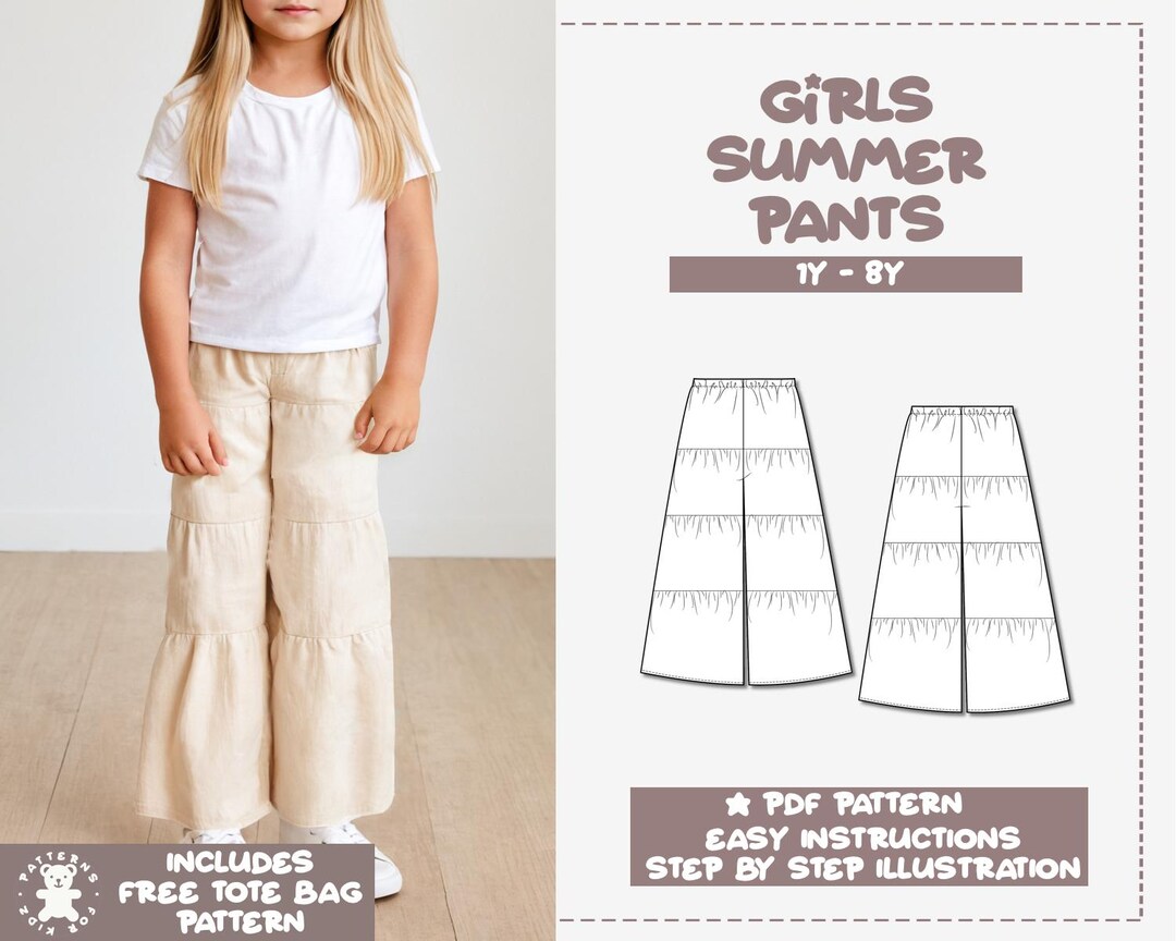Girls Pants Sewing Pattern 1Y-8Y Kids Boho Pants PDF Pattern High Waist ...