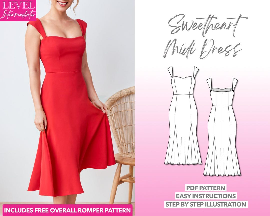 Dress Sewing Pattern Sweetheart Midi Dress Pattern Cap Sleeve Dress PDF ...