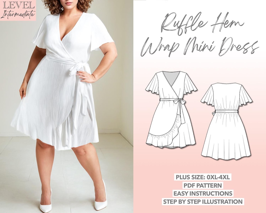 Plus Size Sewing Pattern 0XL-4XL Ruffle Hem Wrap Mini Dress PDF Pattern ...