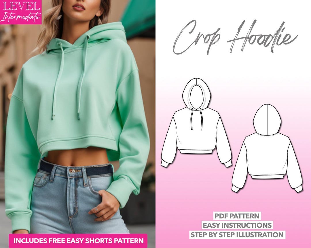 Crop Hoodie Sewing Pattern: Women's Drop Shoulder Sweatshirt (PDF ...
