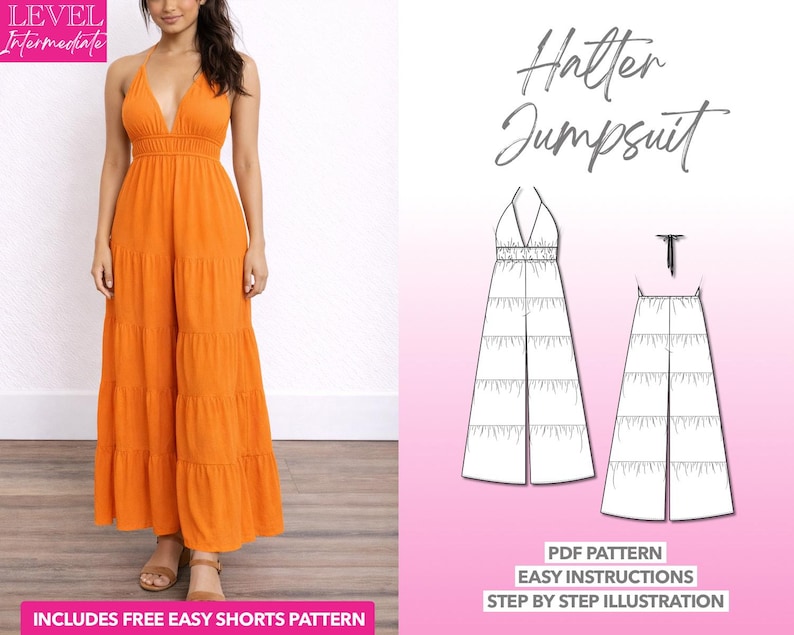 Halter Jumpsuit Sewing Pattern: Tiered Open Back (PDF Download XS-XXXL ...