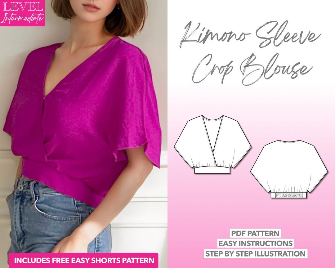 Kimono Sleeve Crop Blouse Sewing Pattern: Surplice Top (PDF Pattern XS ...