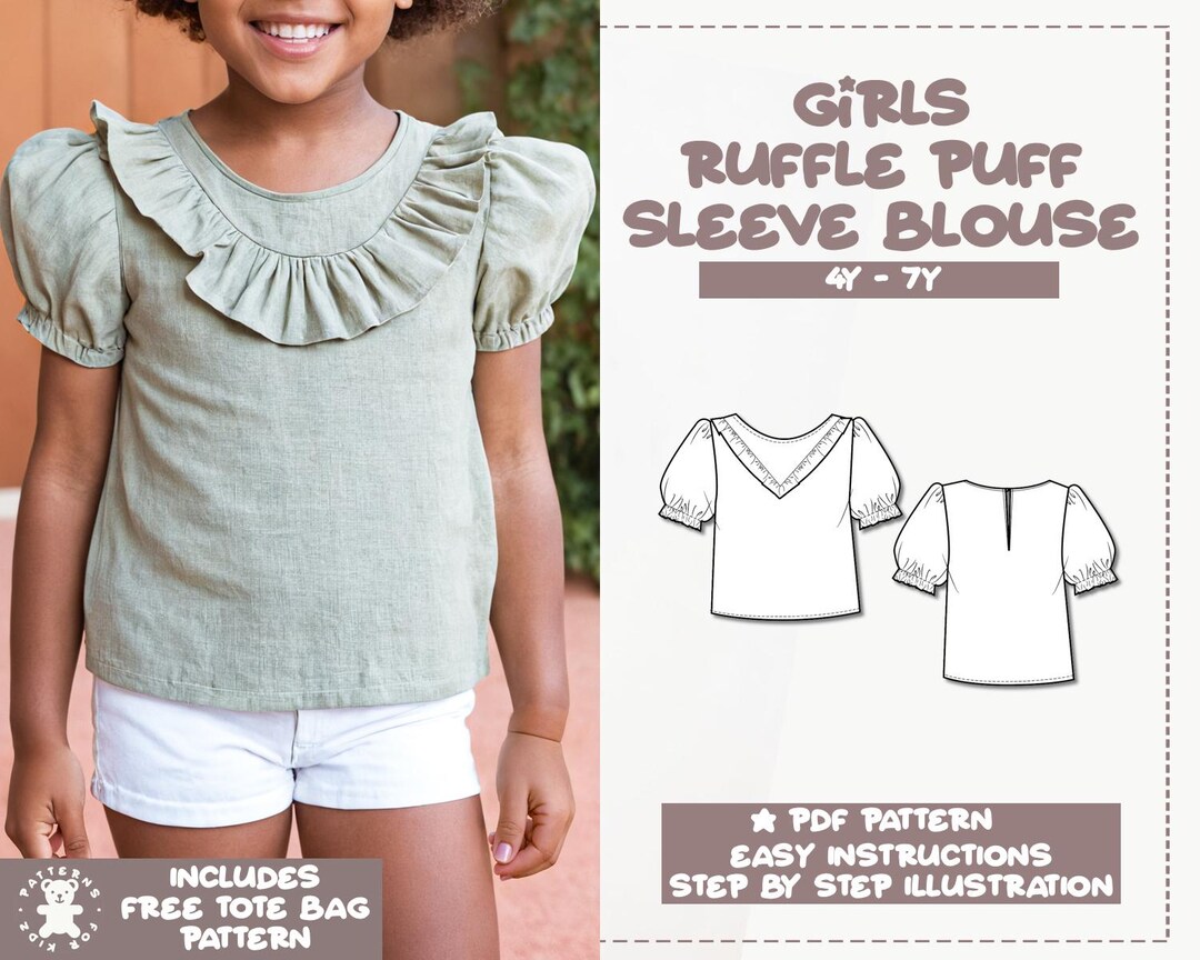 Kids Top Sewing Pattern Girls Blouse Pattern 4Y-7Y Ruffle Trim Blouse ...