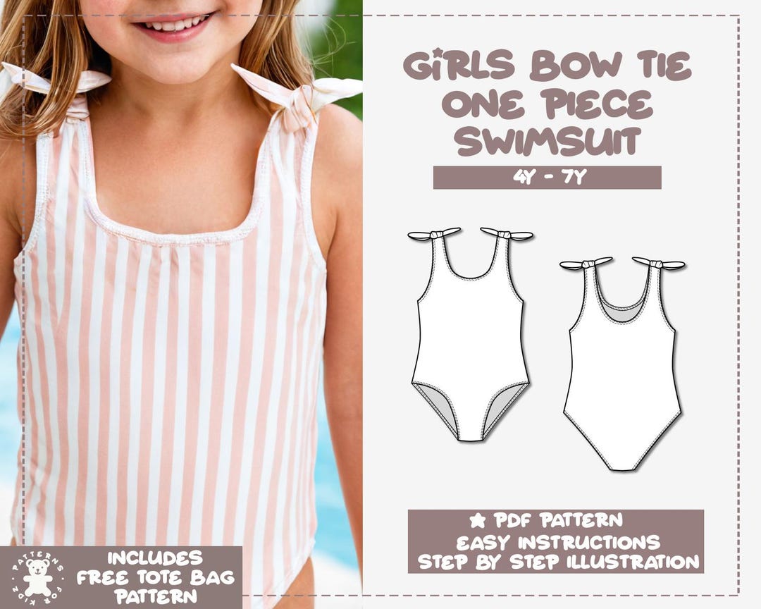 Swimsuit Sewing Pattern 3Y-7Y Girls Bow Tie One Piece Swimsuit PDF ...