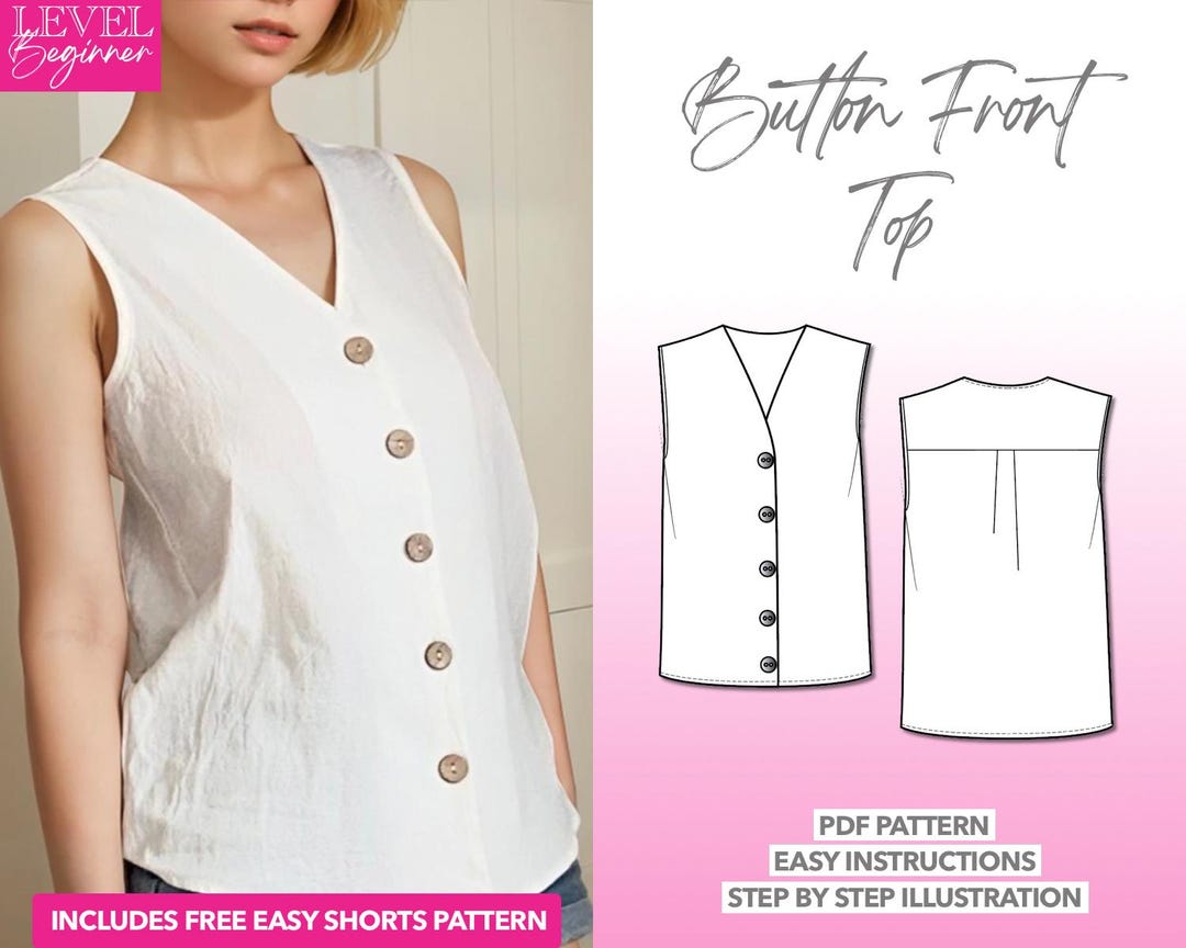 Button Front Sleeveless Top Sewing Pattern: Women's Linen Blouse (PDF ...