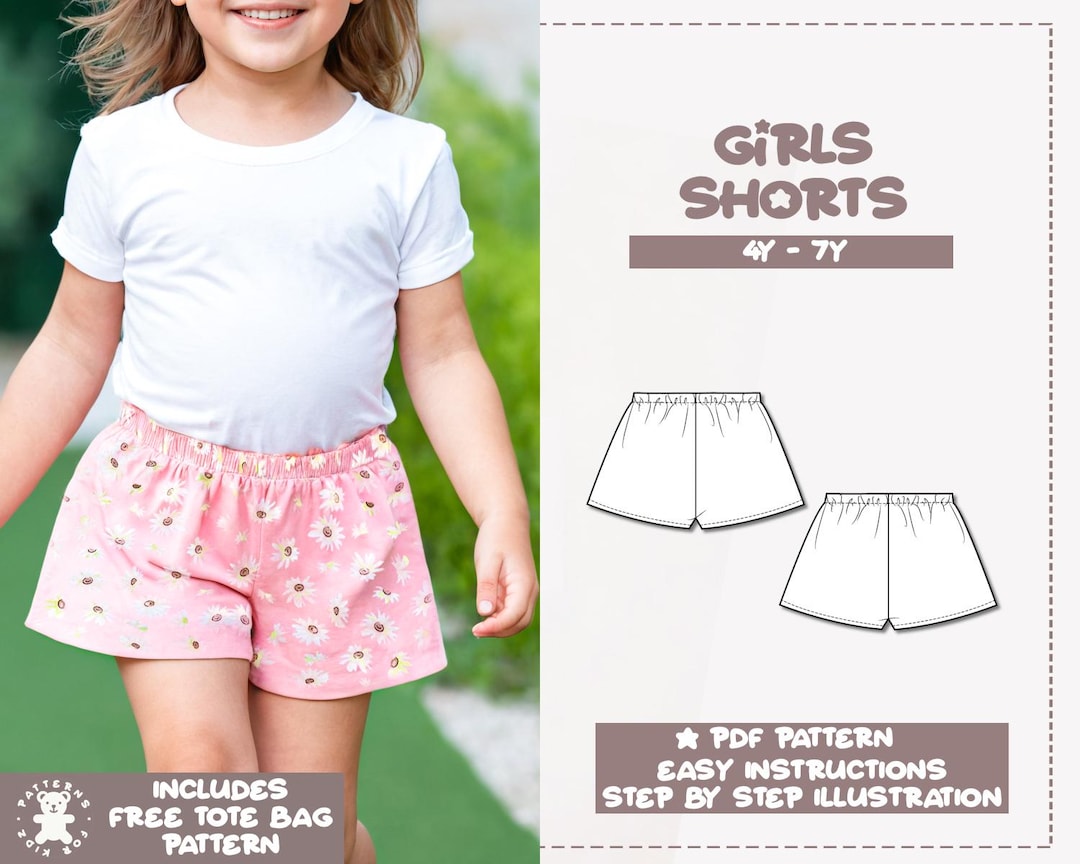 Kids Shorts Sewing Pattern PDF Girls Shorts Pattern 4Y-7Y Elastic Waist ...
