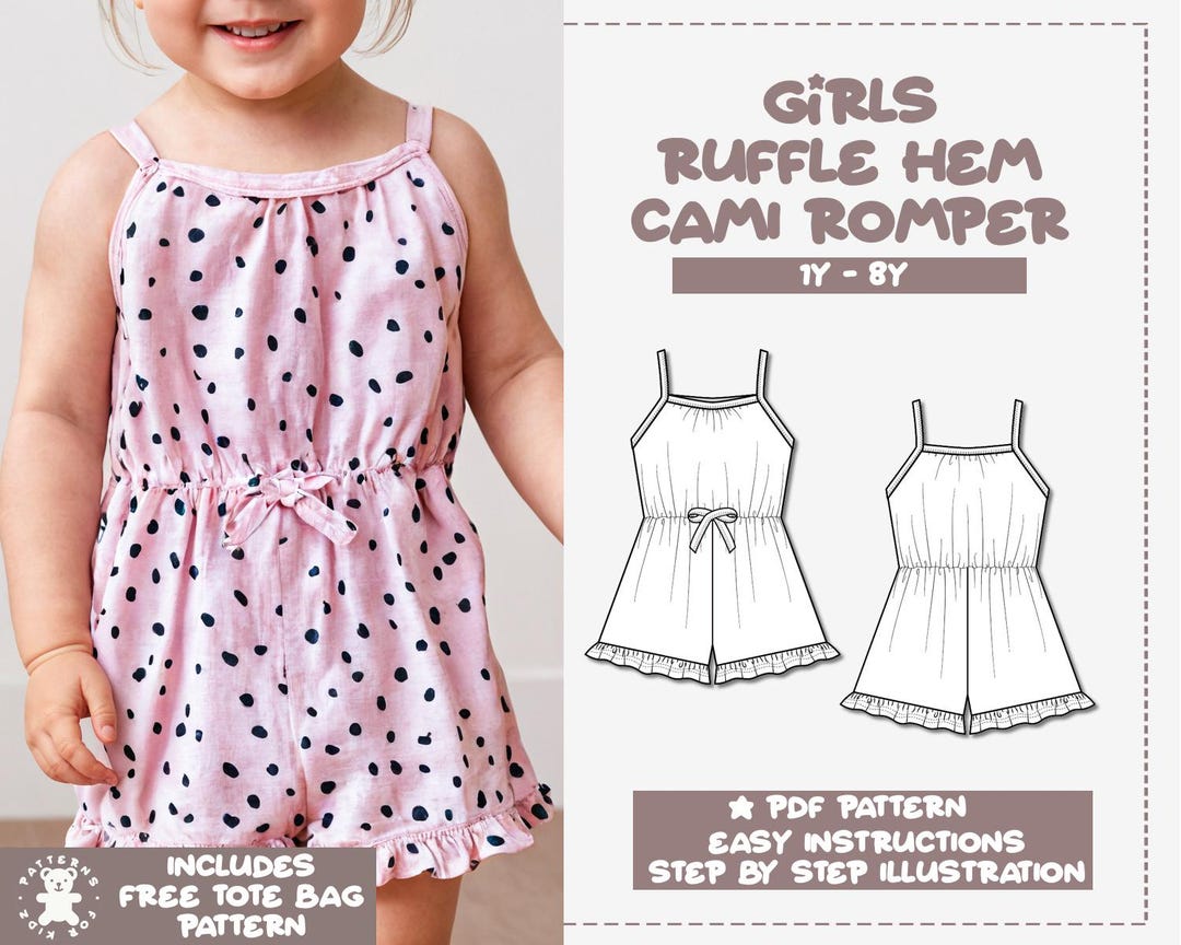 Girls Romper Sewing Pattern 1Y-8Y Ruffle Hem Romper PDF Pattern Kids ...