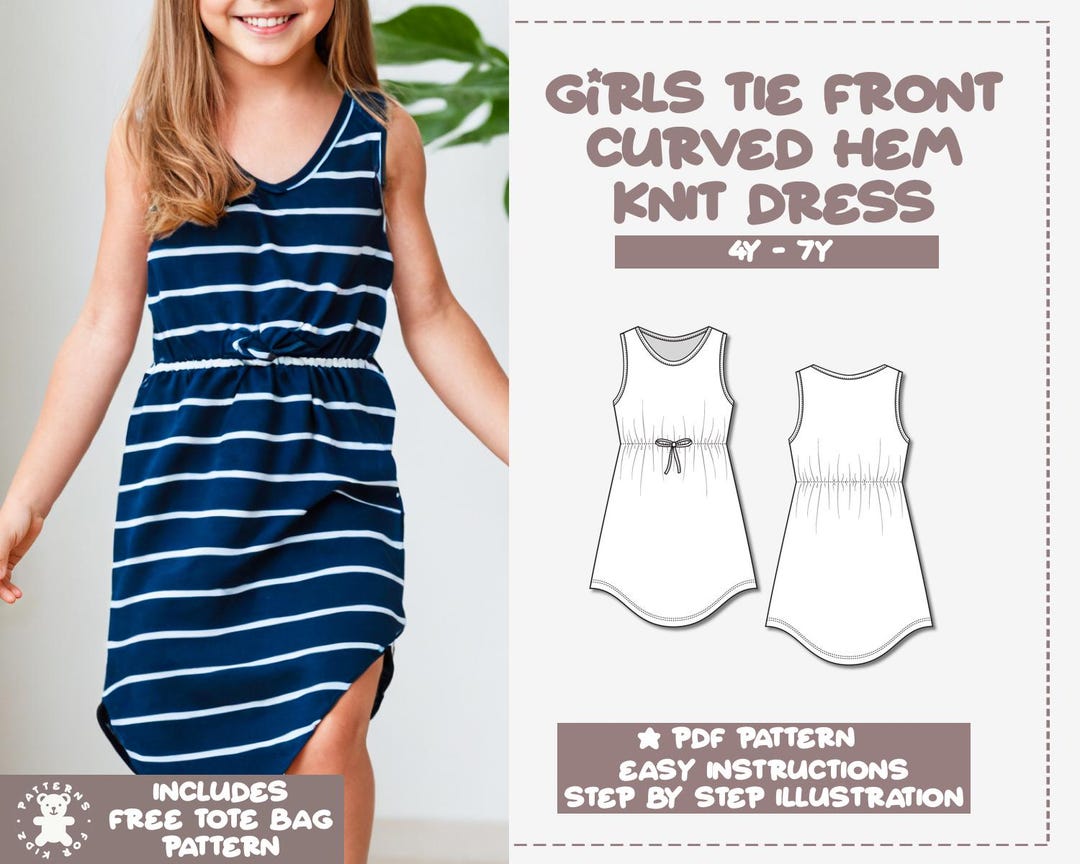 Girls Knit Dress Sewing Pattern: Tie Front, Curved Hem (4Y-7Y) (PDF ...