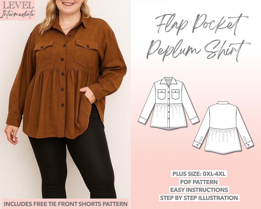 Plus Size Top Sewing Pattern Flap Pocket Shirt Drop Shoulder Peplum ...