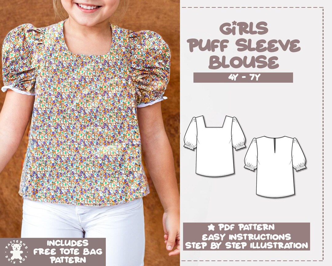 Kids Top Sewing Pattern Girls Blouse Pattern 4Y-7Y Square Neck Blouse ...
