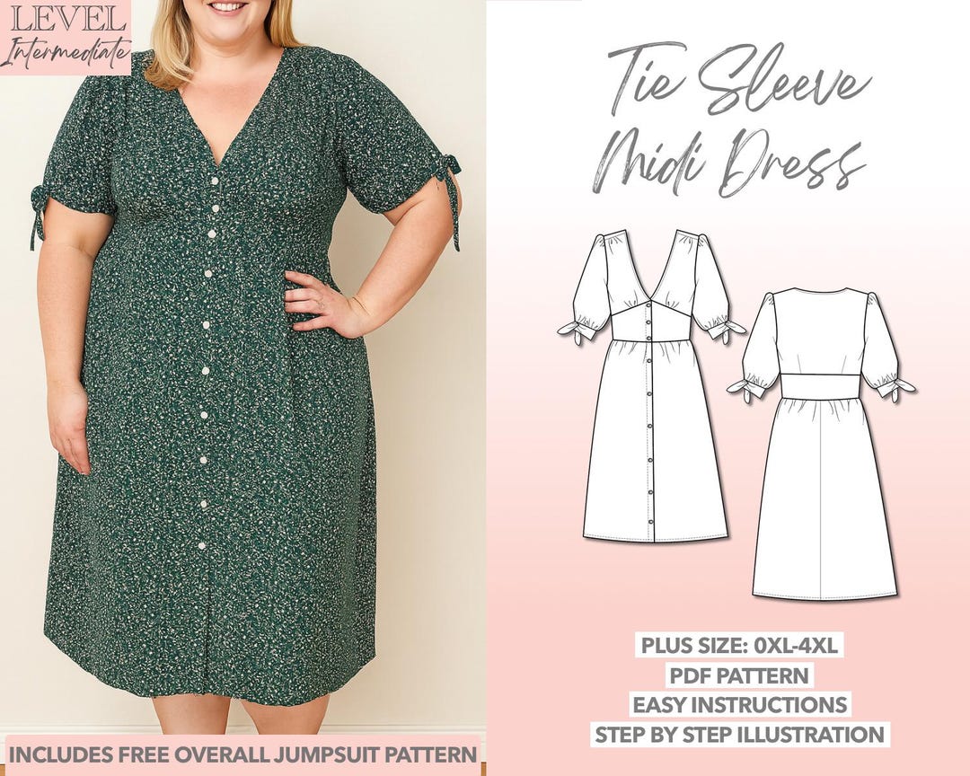 Plus Size Dress Sewing Pattern Tie Sleeve Dress Pattern Button Front ...