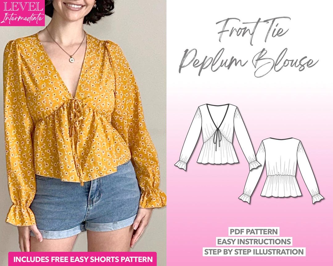 Peplum Blouse Sewing Pattern: Front Tie Boho Top (PDF Pattern XS-XXXL ...